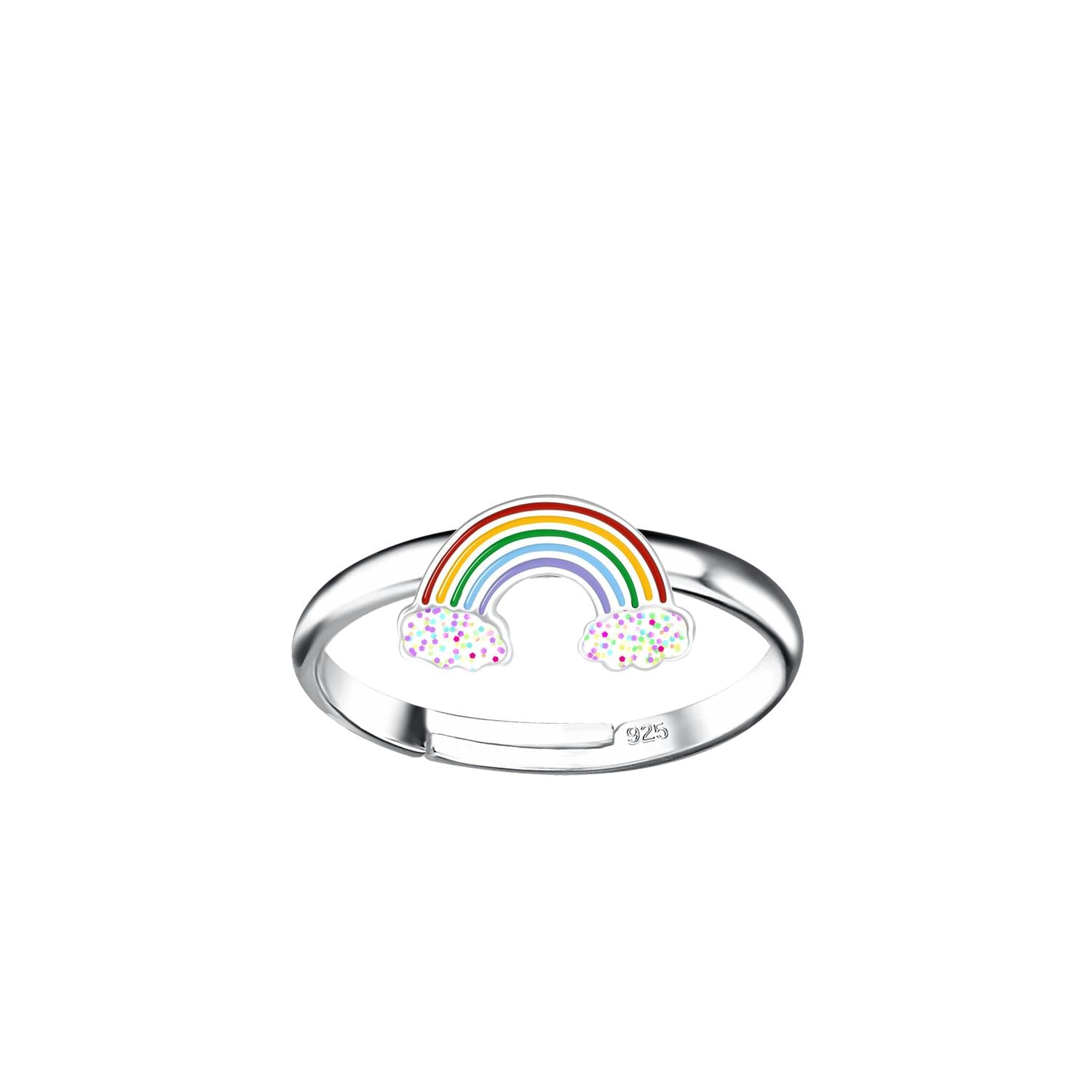 Girls Adjustable Rainbow Ring Sterling Silver Glitter Design